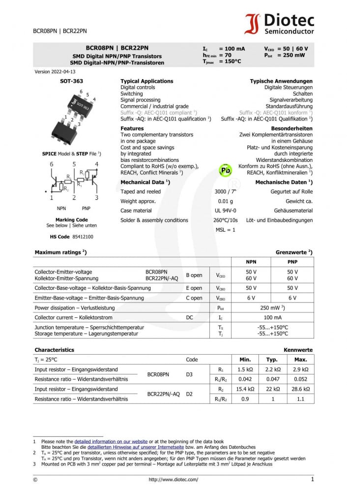 DIOTEC BCR22PN datasheet page 1