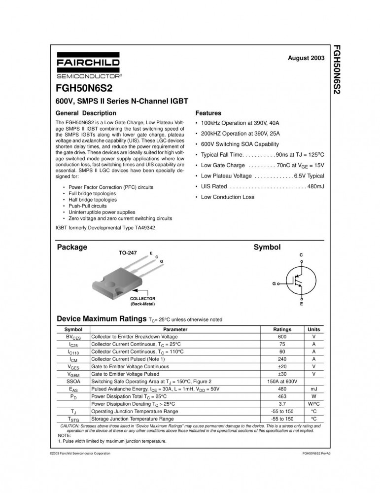 FGH50N6S2 datasheet page 1