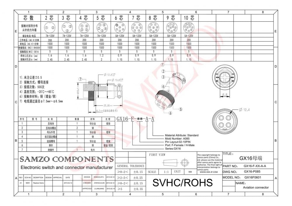 SAMZO GX16 female connector drawing