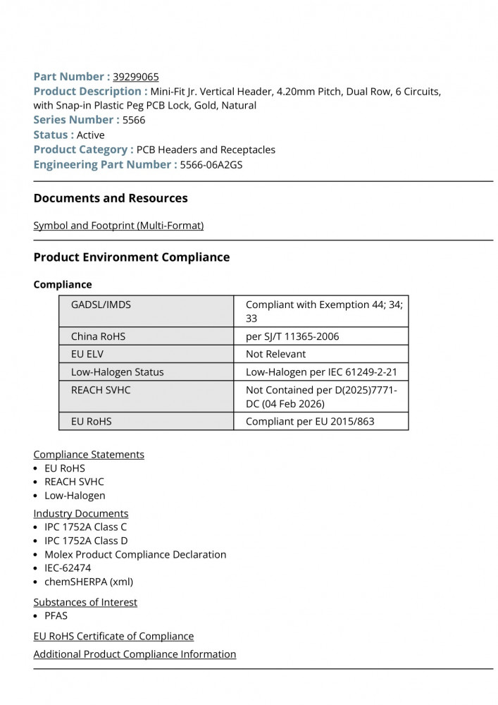 Technical document image 1 for MOLEX 39299065