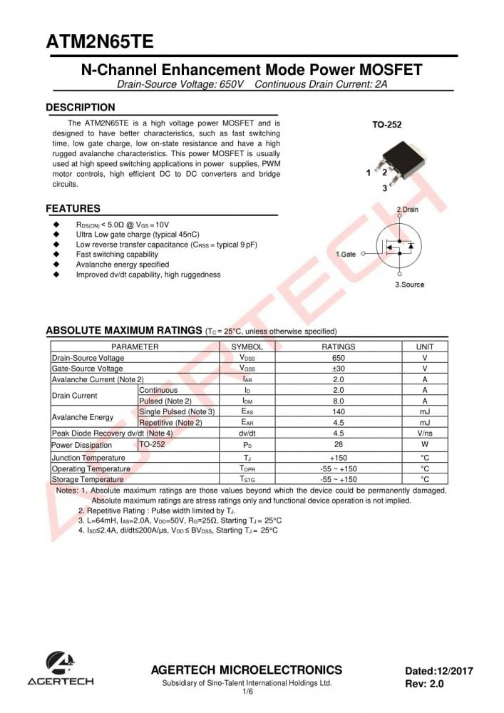 ATM2N65TE datasheet page 1