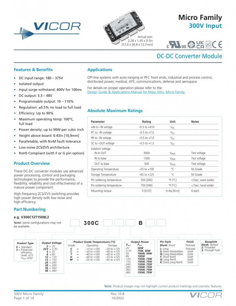 VICOR V300C3V3C75BG datasheet page 1