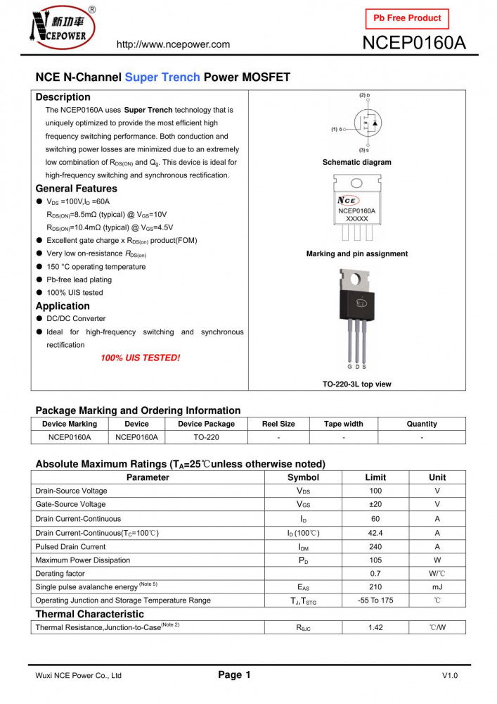 NCEP0160A datasheet page 1
