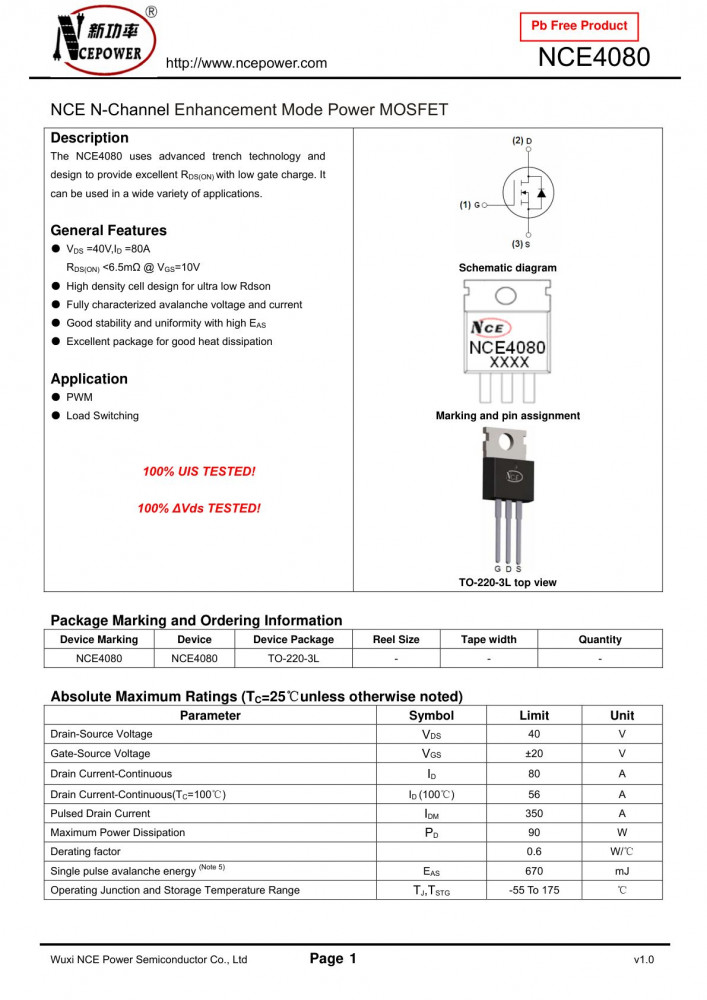 NCE4080 datasheet page 1