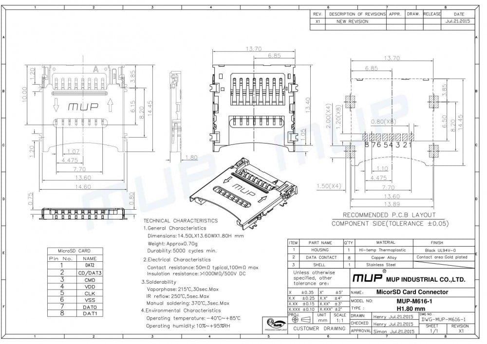 MUP-M616-1 MicroSD card connector technical reference