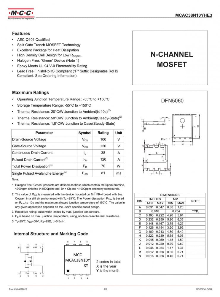 MCAC38N10YHE3-TP datasheet page 1
