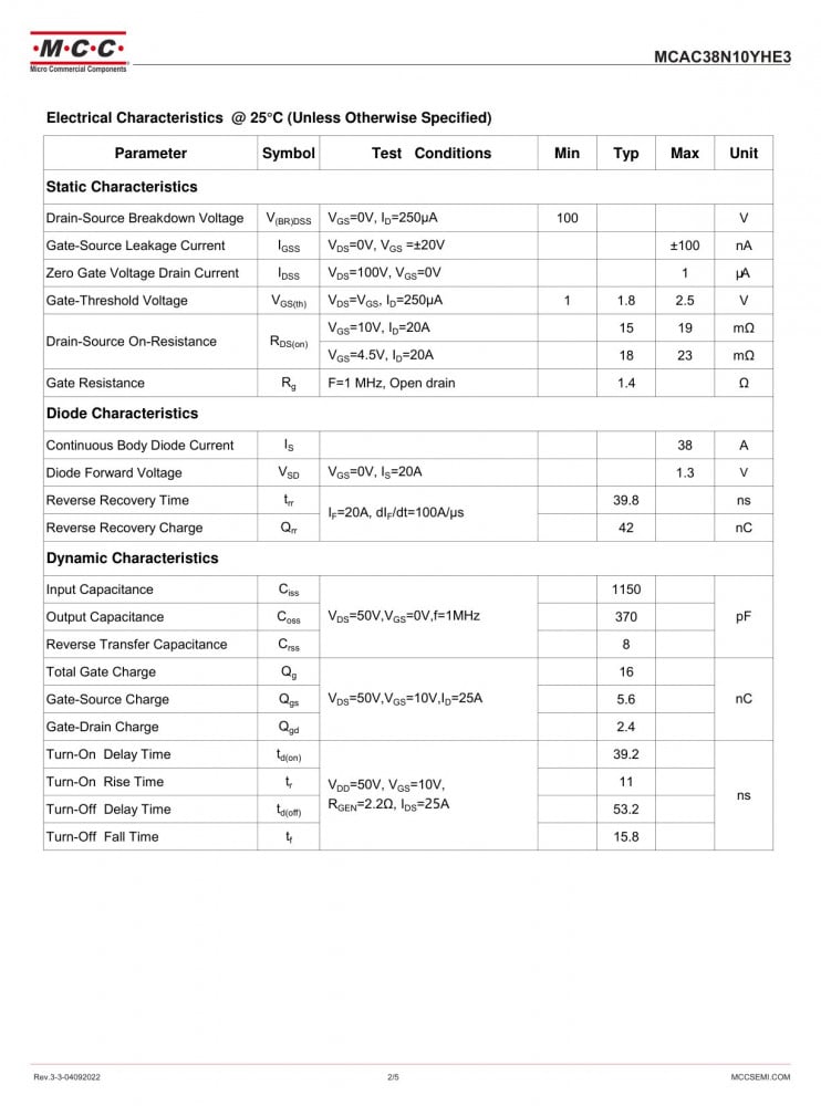 MCAC38N10YHE3-TP datasheet page 2