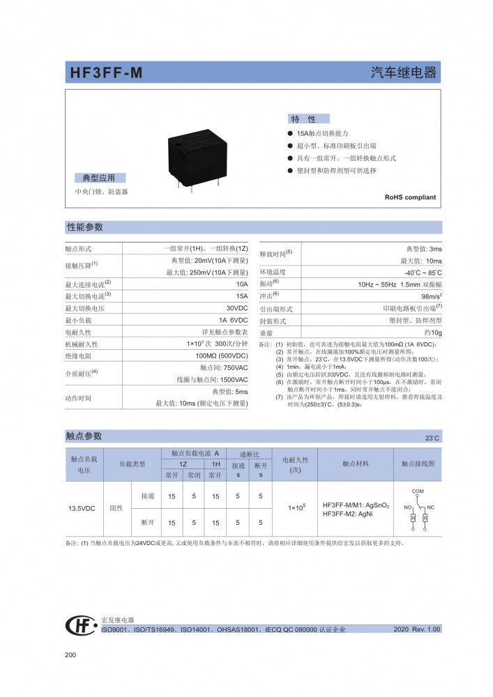 HONGFA JQC-3FF-M relay technical document page 1