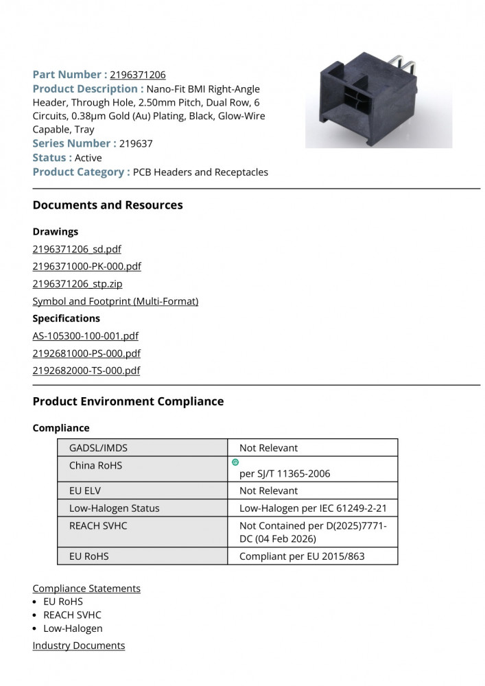 MOLEX 2196371206 product documentation image 1
