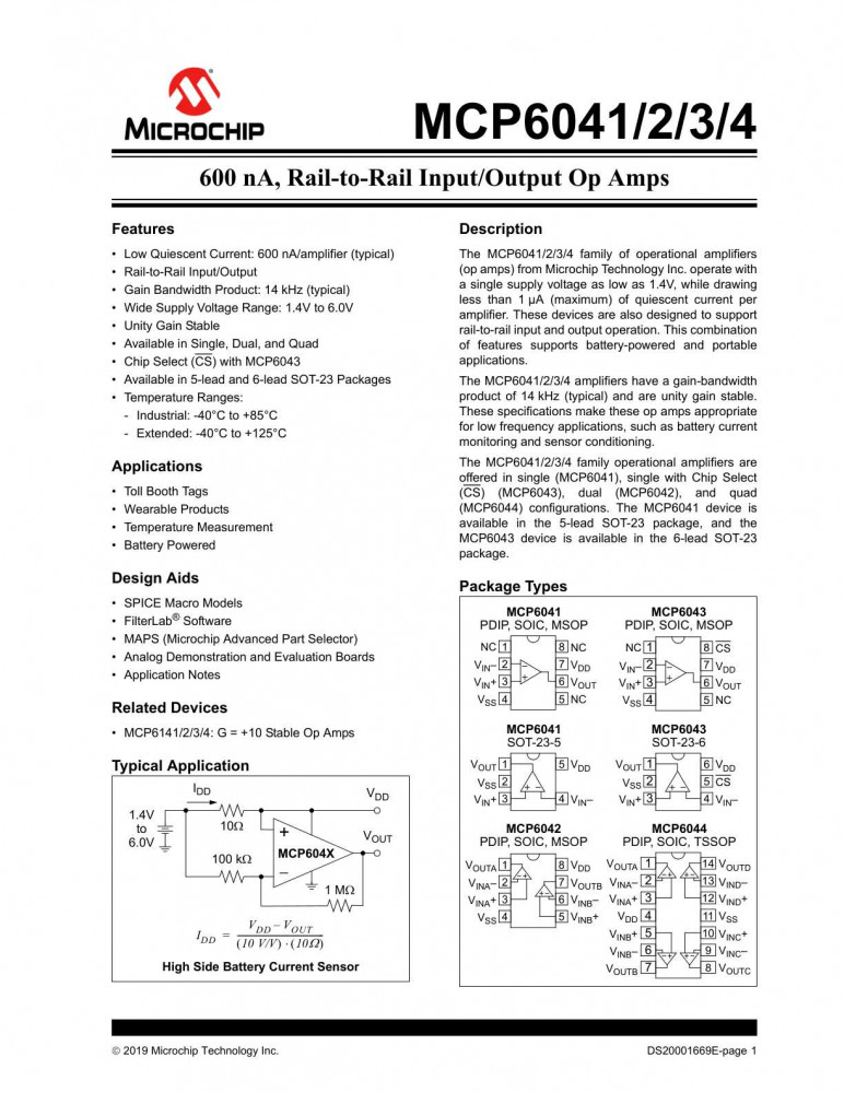 MCP6044 technical document page 1