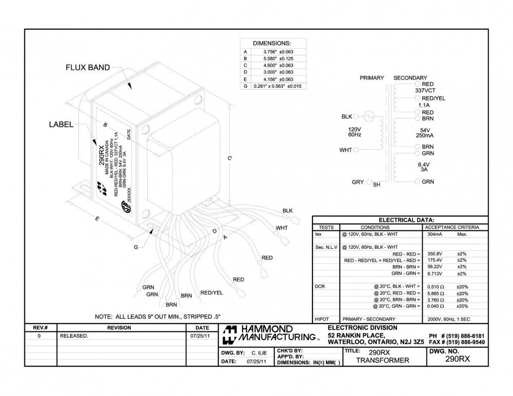 Hammond 290RX technical drawing and electrical data