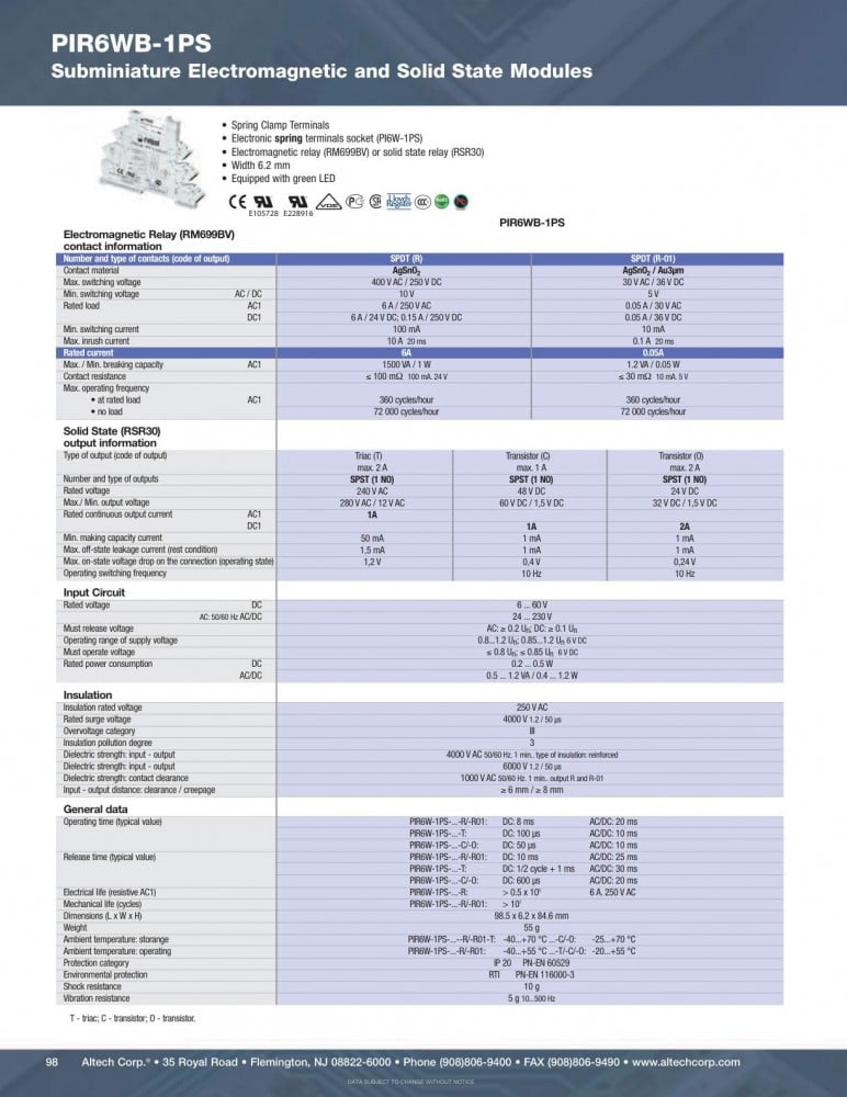 Altech PIR6WB-1PS product documentation page 1