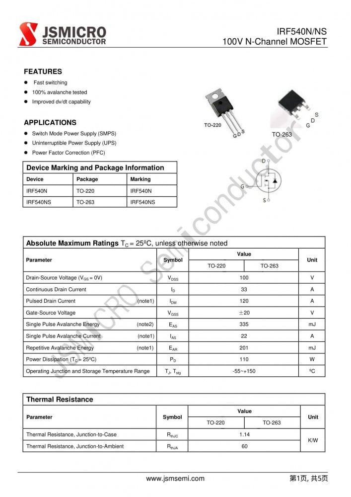IRF540NS-JSM datasheet page 1