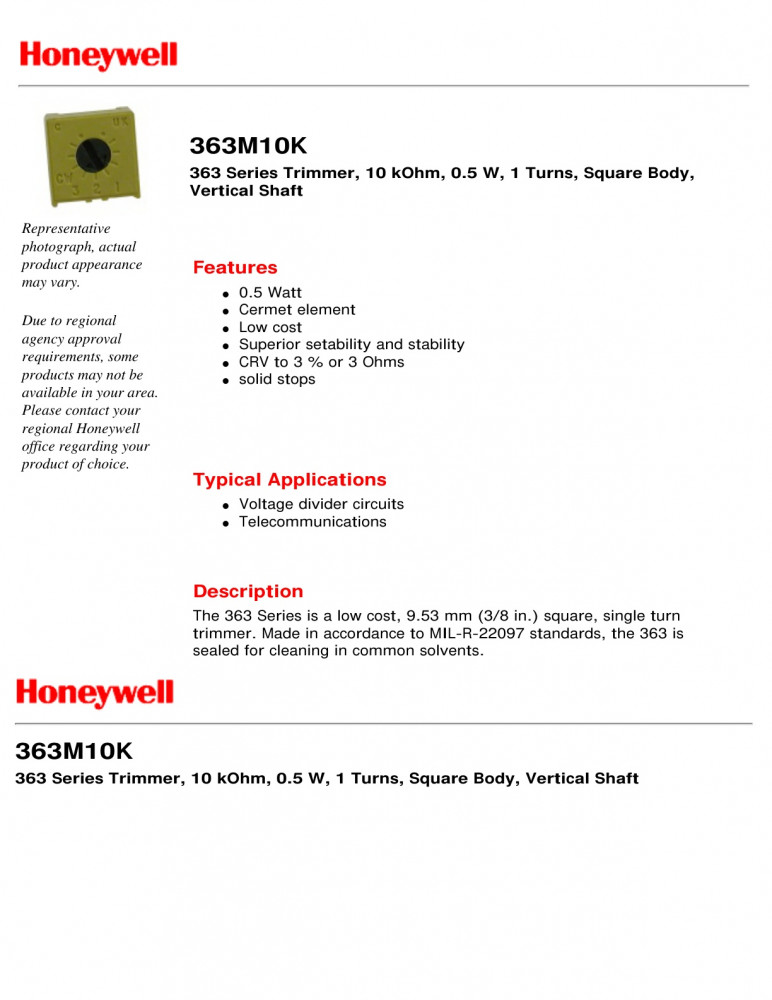 Honeywell 363M10K documentation page 1