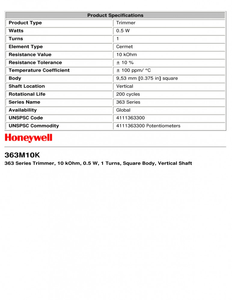 Honeywell 363M10K documentation page 2