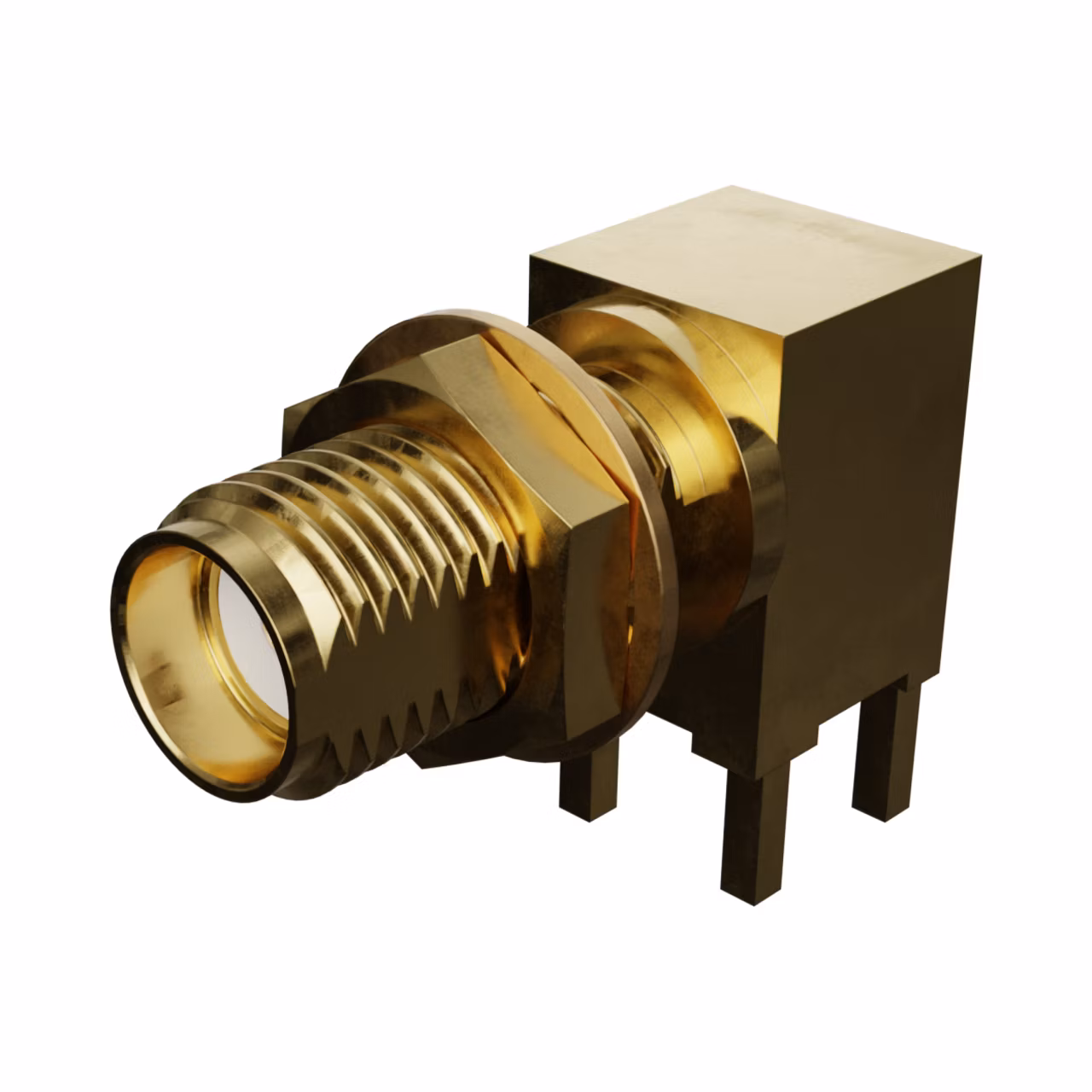 SMA Jack, Right-Angle, Bulkhead Receptacle, PCB, Through Hole, Brass Body, Gold (Au) Plated, Jam Nut and Lockwasher Included, 3.94mm Leg Length, 50 Pieces Per Tray, 50 Ohms for sale