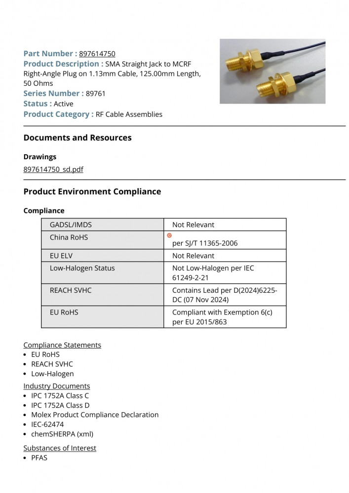 MOLEX 897614750 drawing page 1