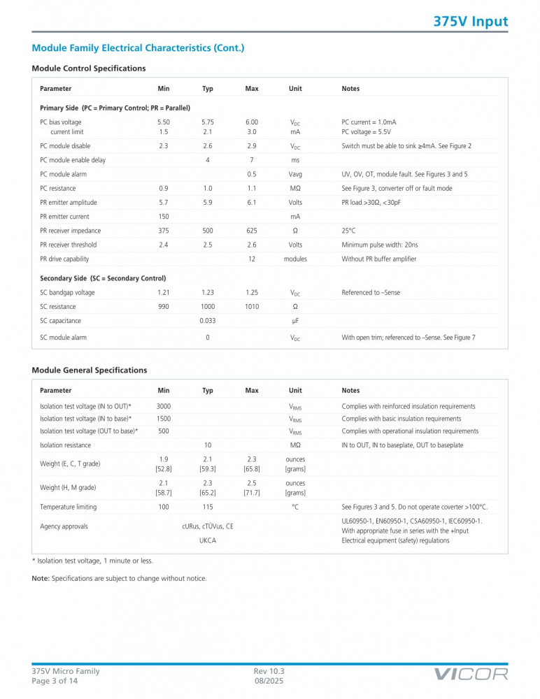 VICOR V375C3V3C50BG technical document page 3
