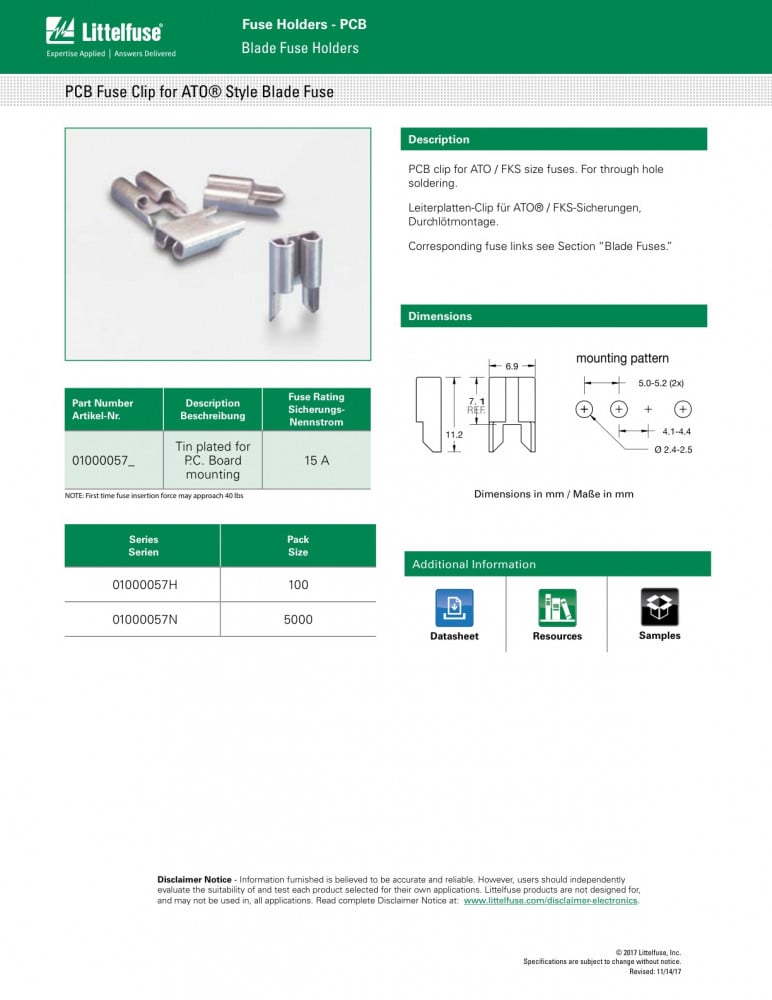 Littelfuse 01000057Z PCB fuse clip technical drawing