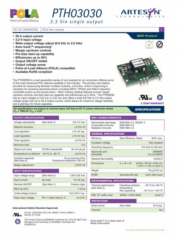 PTH03030WAS technical document page 1