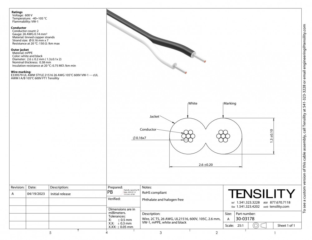 Tensility International 30-03178 product drawing and wire specification