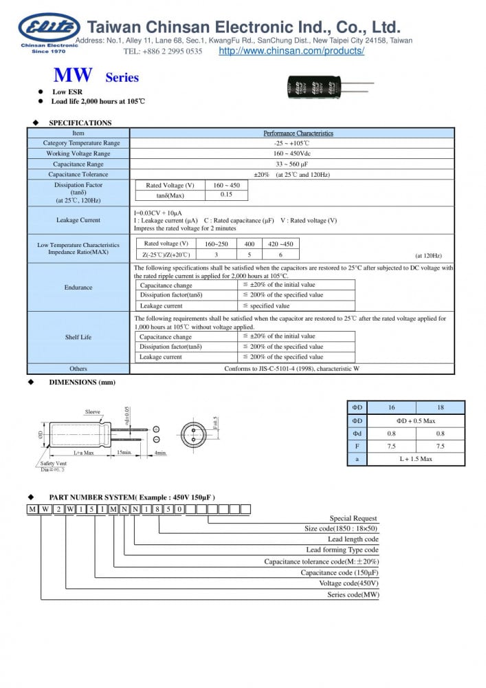 Chinsan MW series datasheet page 1