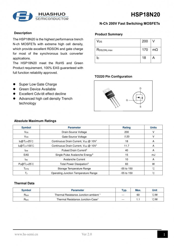 HSP18N20 datasheet page 1