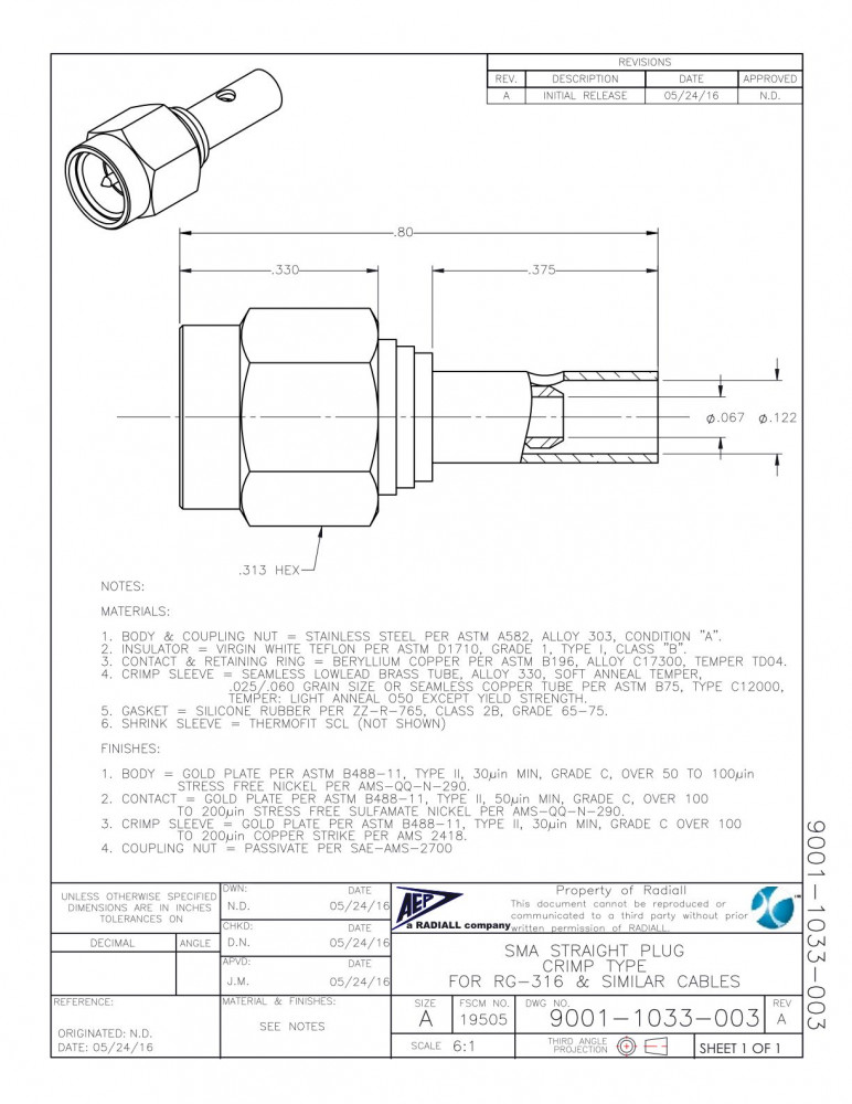 Radiall 9001-1033-003 product drawing page