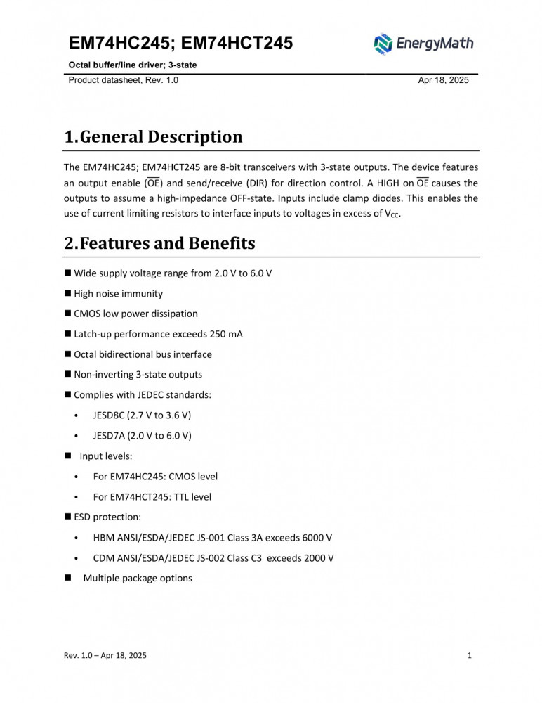 EM74HC245PW datasheet page 1