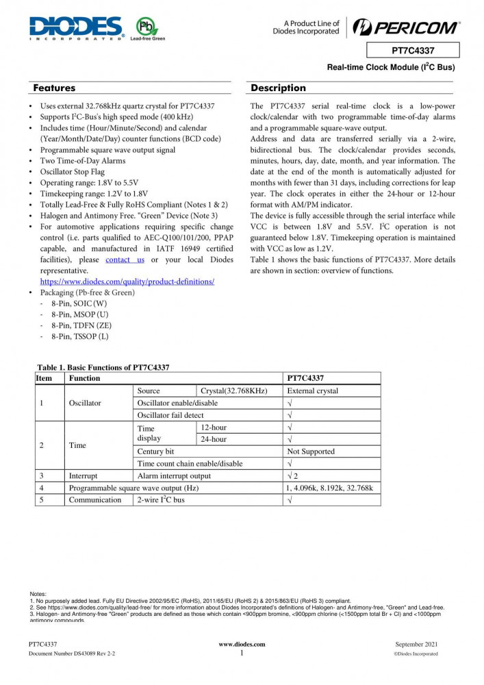 PT7C4337 datasheet page 1