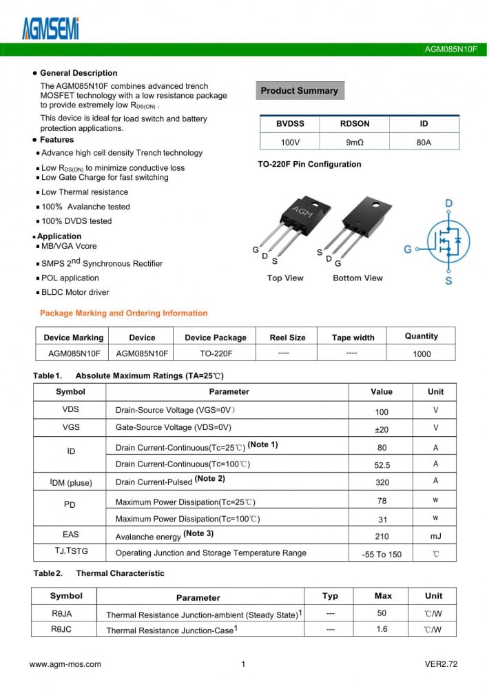 AGM085N10F datasheet page 1
