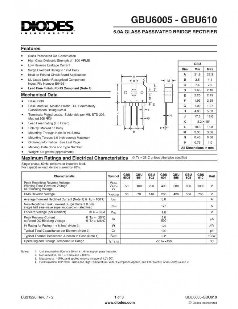 GBU610 datasheet page 1