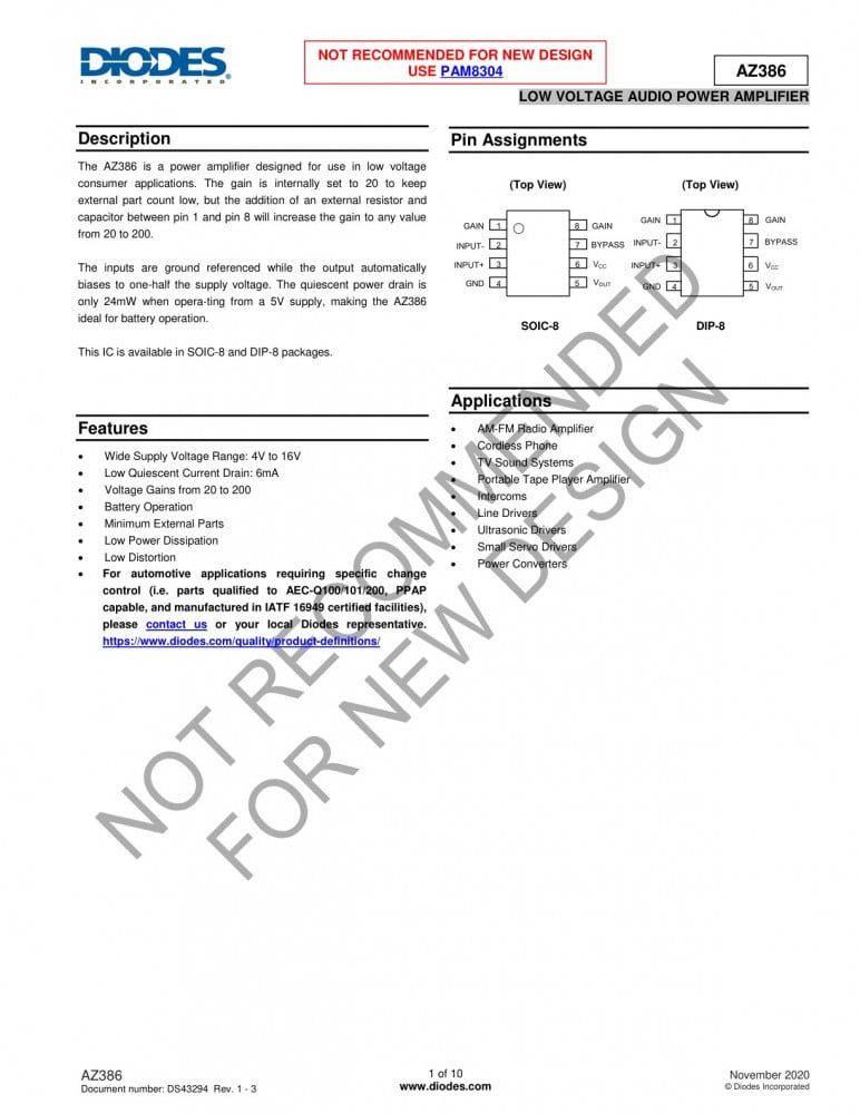 AZ386 datasheet page 1