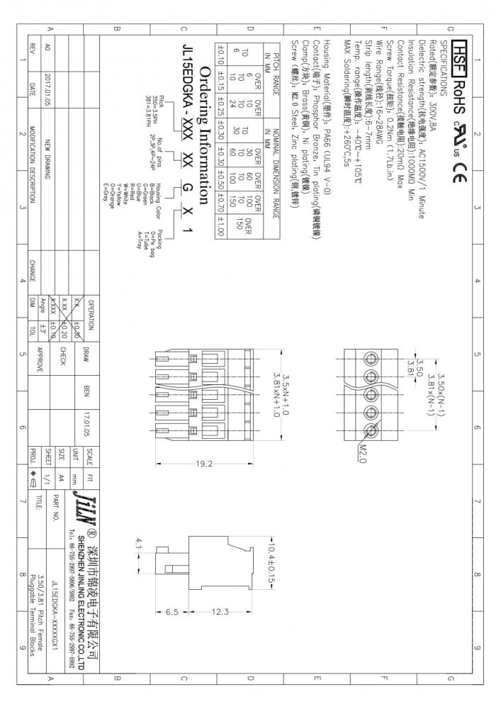 JILN JL15EDGKA-38104G01 technical drawing and specification sheet