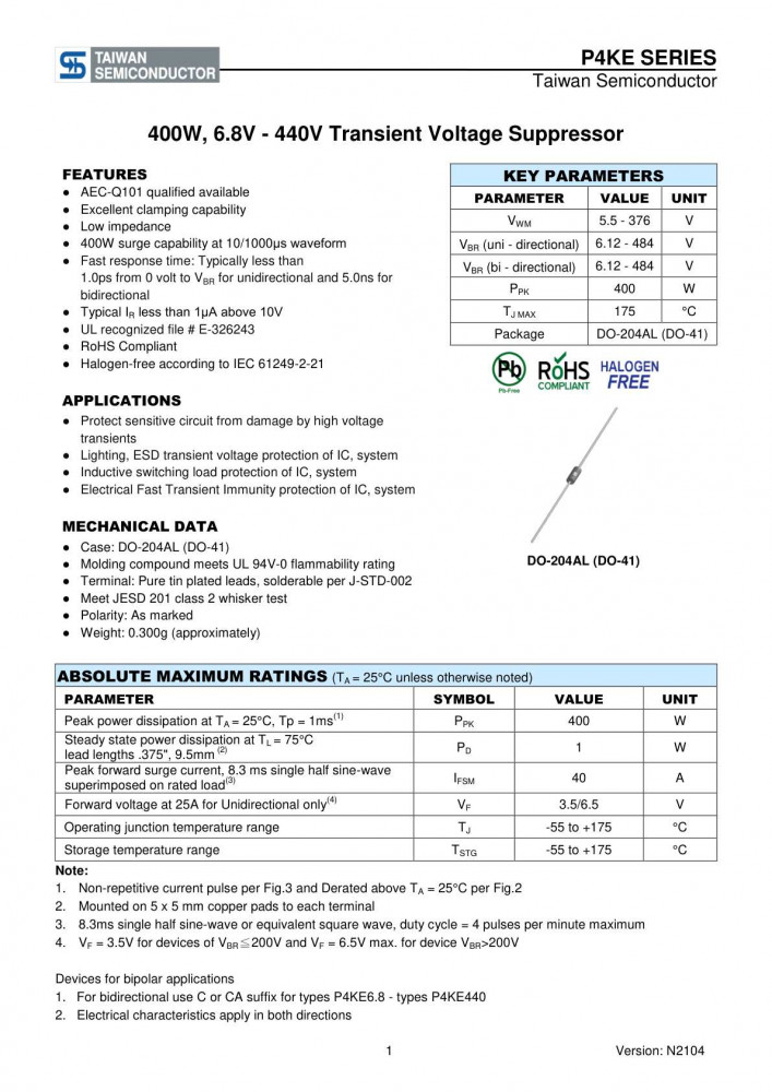 P4KE series datasheet page 1