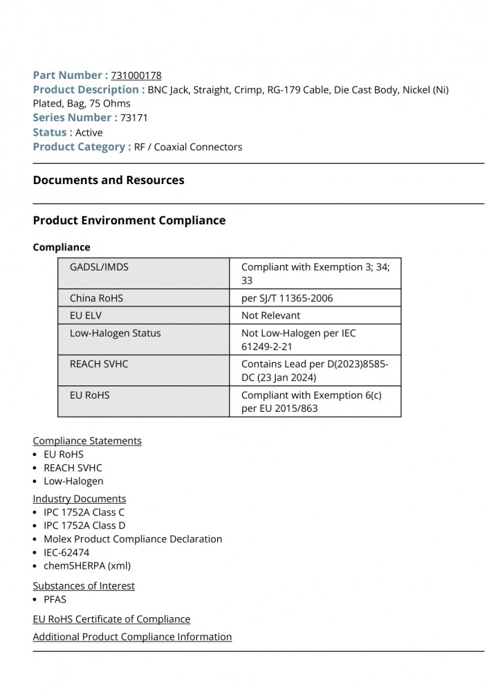 MOLEX 731000178 product document image, page 1