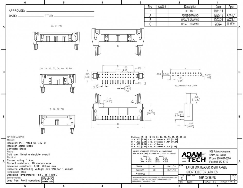 ADAM TECH MHR-XX-HUAS right-angle latch box header technical drawing