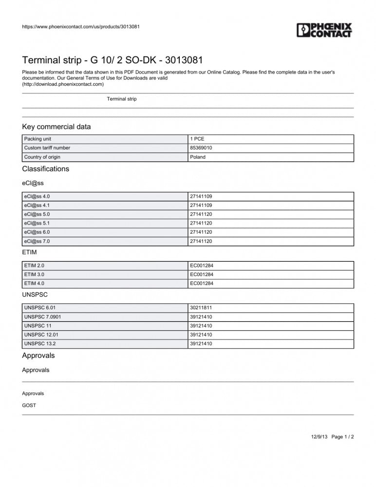 Phoenix Contact 3013081 technical document page 1