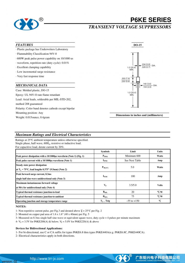 JUXING P6KE200A datasheet page 1