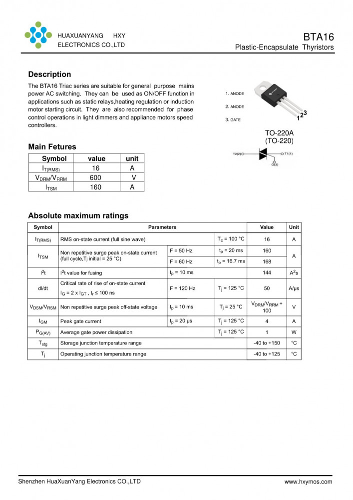 BTA16-HXY datasheet page 1