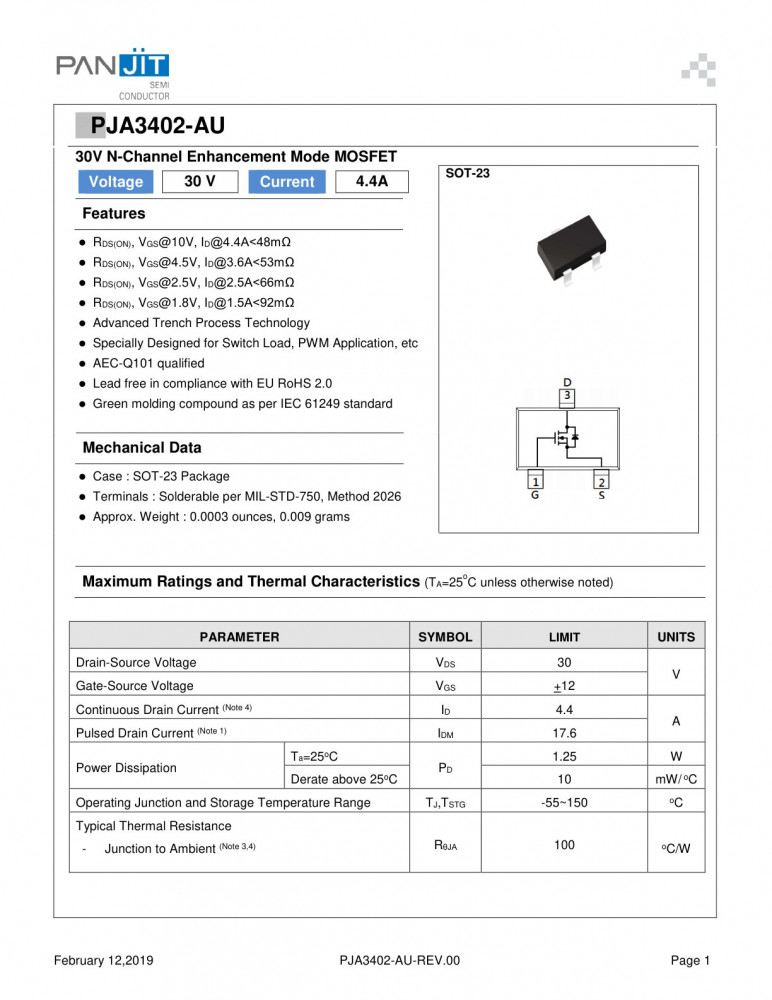 PJA3402-AU datasheet page 1