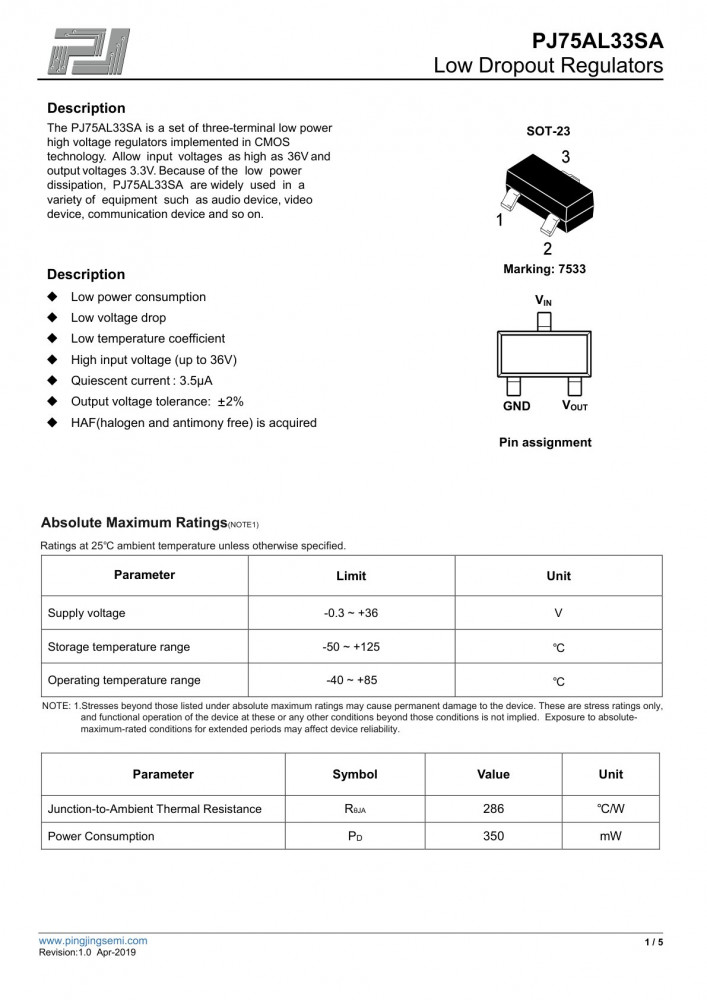 PJ75AL33SA datasheet page 1