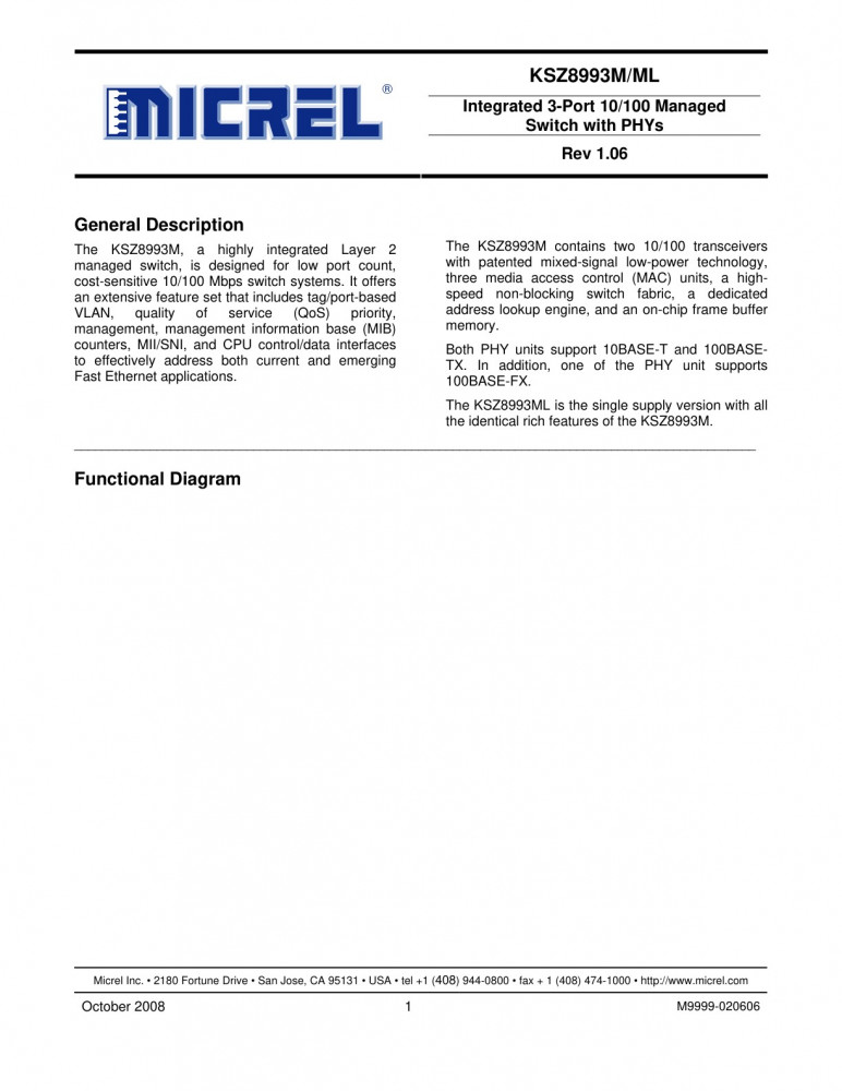 KSZ8993 document preview, page 1