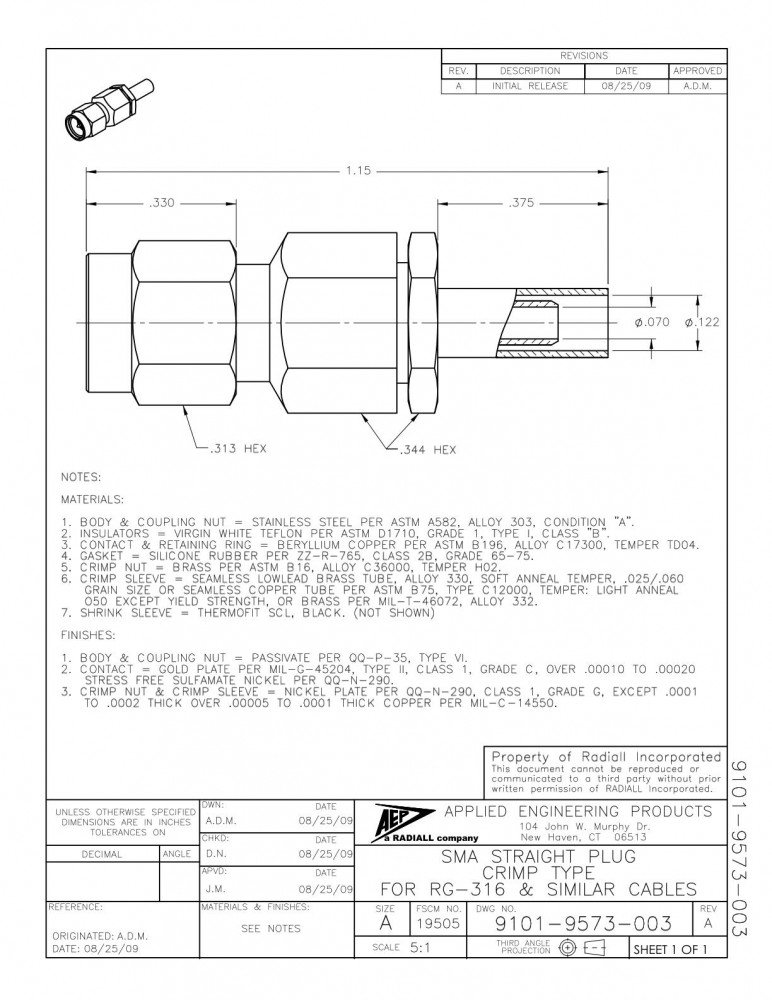Radiall 9101-9573-003 SMA straight plug crimp-type drawing