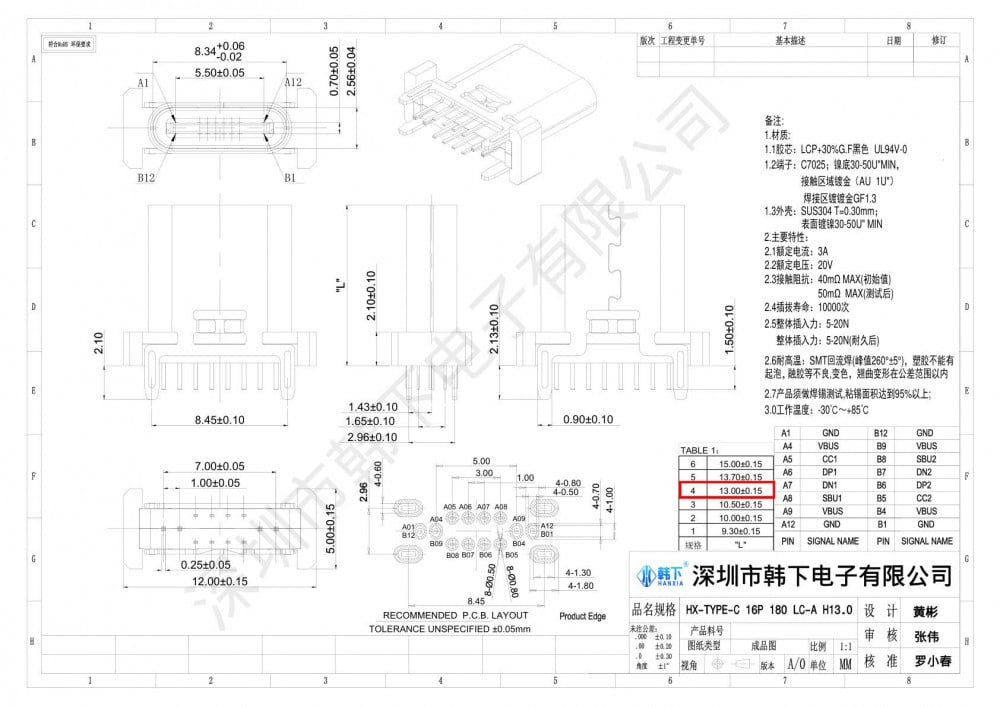 HANXIA HX-TYPE-C 16P 180 LC-A H13.0 technical drawing preview