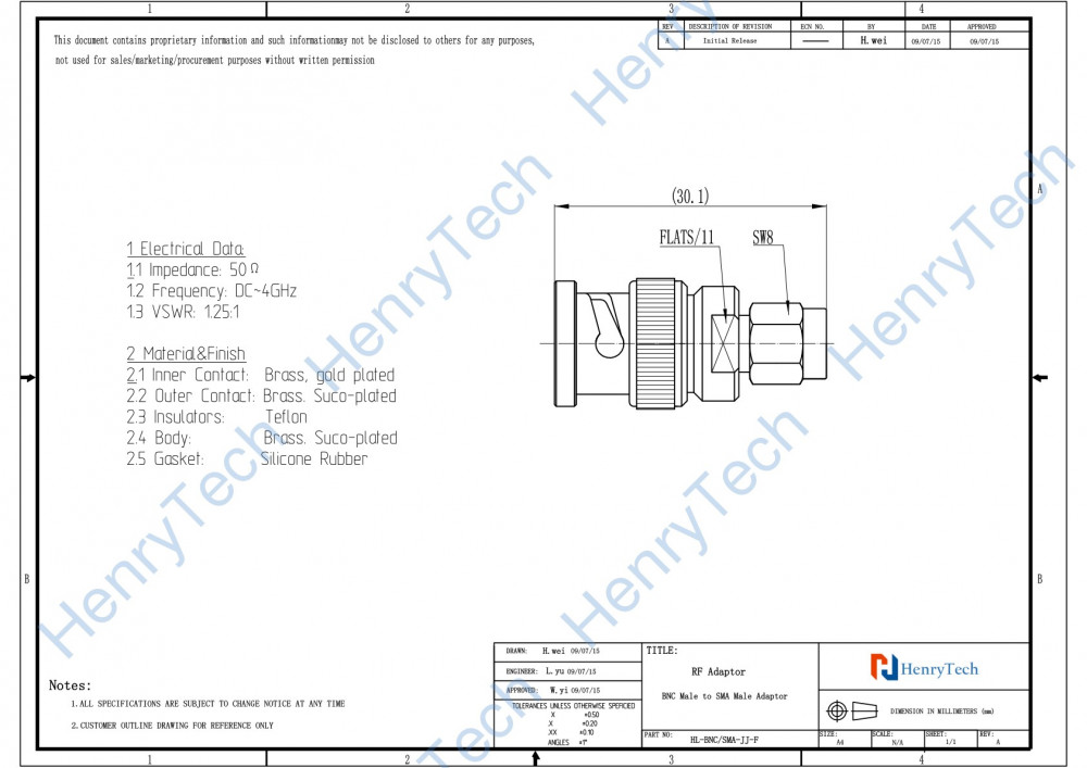 HenryTech HL-BNC/SMA-JJ-F technical document page