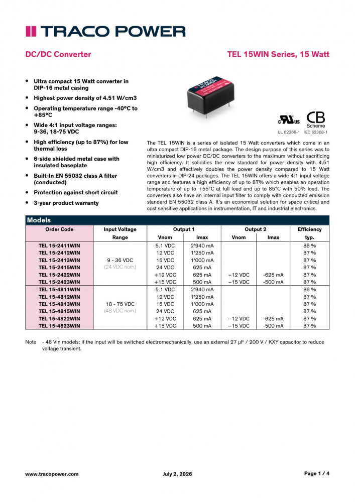 TEL 15WIN datasheet page 1