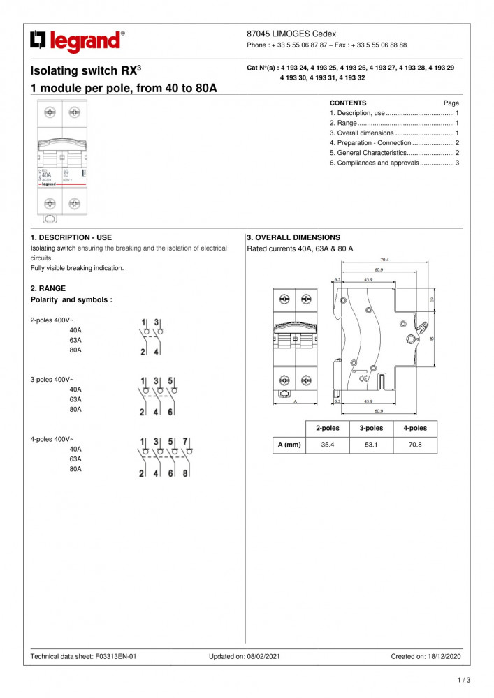Legrand RX³ isolating switch technical document page 1