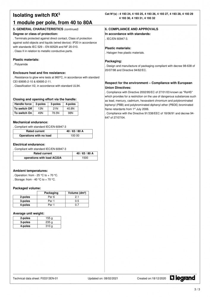 Legrand RX³ isolating switch technical document page 3