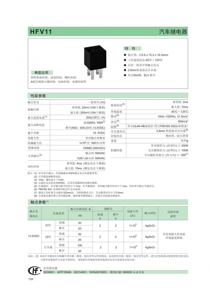 HONGFA HFV11 product specification page 1